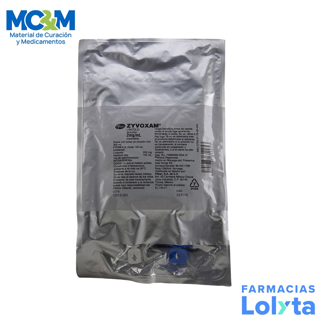 ZYVOXAM SOL INY 2 MG/ML C/300 ML LINEZOLID (BOLSA 600 MG) LAB PFIZER | Website Farmacias Lolyta
